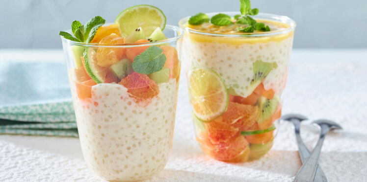 Tapioca au lait de coco, orange, abricot, kiwi et citron vert ...
