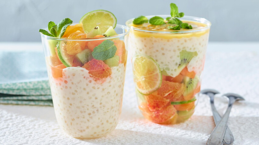 Tapioca au lait de coco, orange, abricot, kiwi et citron vert facile et ...