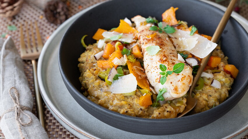 Risotto crémeux aux lentilles bicolores et lait de coco, lotte et ...