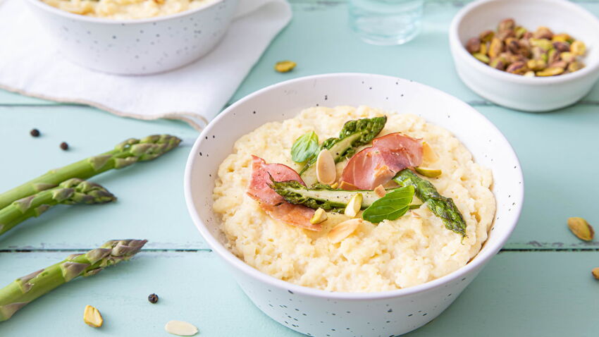 Risotto de Floraline aux asperges et chips de bacon rapide : découvrez ...