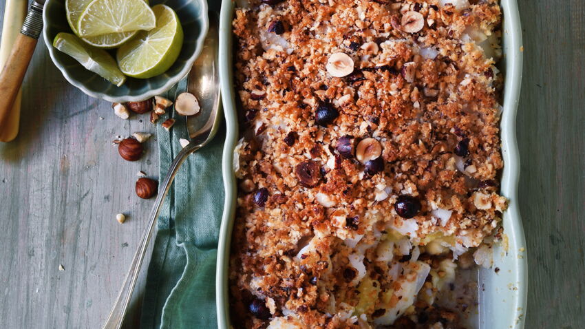 Crumble de cabillaud au cantal et aux noisettes rapide : découvrez les ...